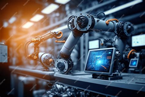 공장 생산 공정 자동화 기술을 위한 스마트 산업 로봇 팔 Iot Generative Ai 프리미엄 사진