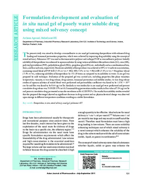Pdf Formulation Development And Evaluation Ofin Situnasal Gel Of Poorly Water Soluble Drug