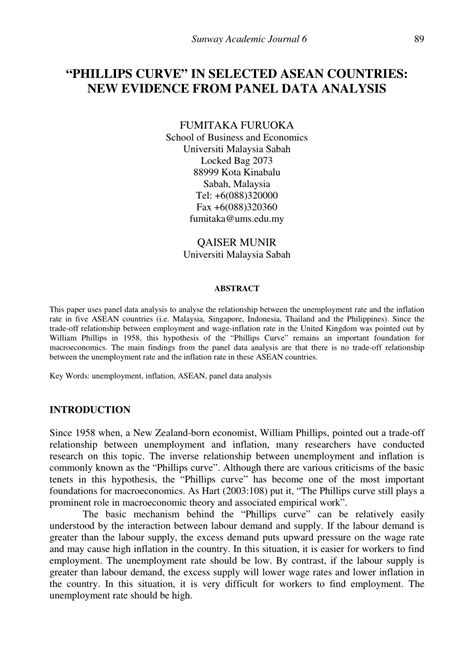 Pdf Phillips Curve In Selected Asean Countries New Evidence From Panel Data Analysis