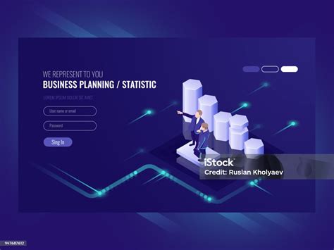 사업 계획 통계 그림 두 사업가 팀 리더 및 일반적인 노력 전자 상거래 성공 아이소메트릭 벡터 자외선 등측투영법에 대한 스톡