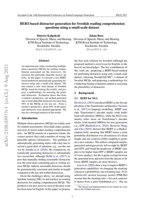 Pdf Bert Based Distractor Generation For Swedish Reading Comprehension Questions Using A Small