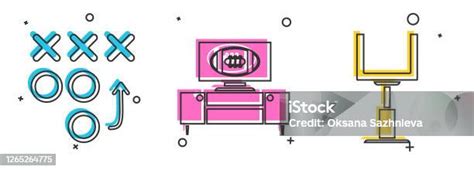 세트 계획 전략 개념 Tv 프로그램과 스탠드와 미식 축구 목표 게시물 아이콘에 미식 축구 벡터 나무 기둥에 대한 스톡 벡터 아트