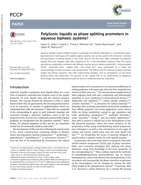 Pdf Poly Ionic Liquid S As Phase Splitting Promoters In Aqueous Biphasic Systems