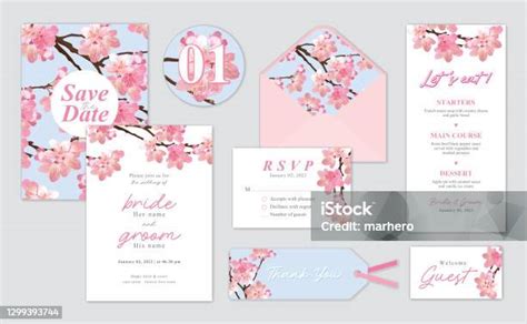 벚꽃이나 사쿠라 꽃 배경 템플릿 웨딩 초대장 인사말 카드 봉투 바우처 브로셔 및 배너 디자인을위한 꽃 요소의 벡터 세트 Rsvp