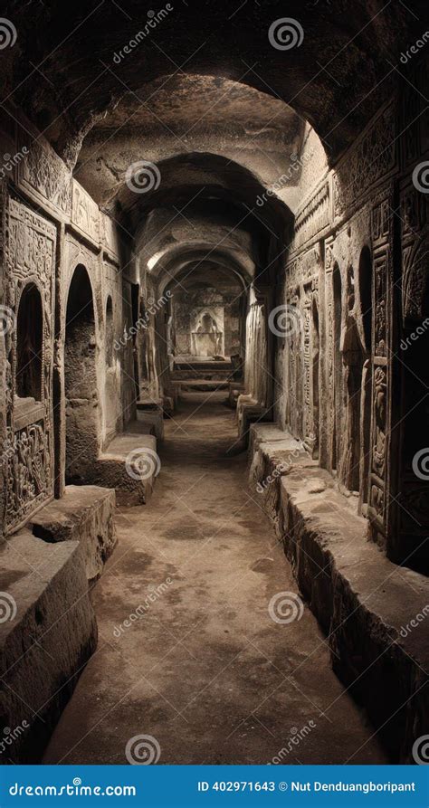 Ancient Crypt Stone Tombs Intricate Carvings Underground Chamber
