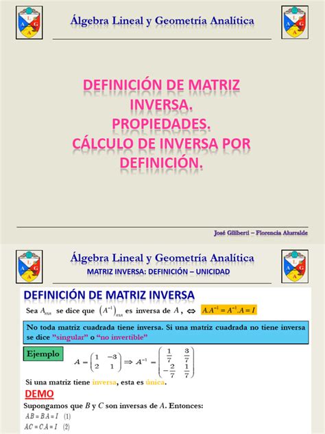 Definición De Matriz Inversa Unicidad Propiedades Cálculo De Inversa Por Definición Pdf