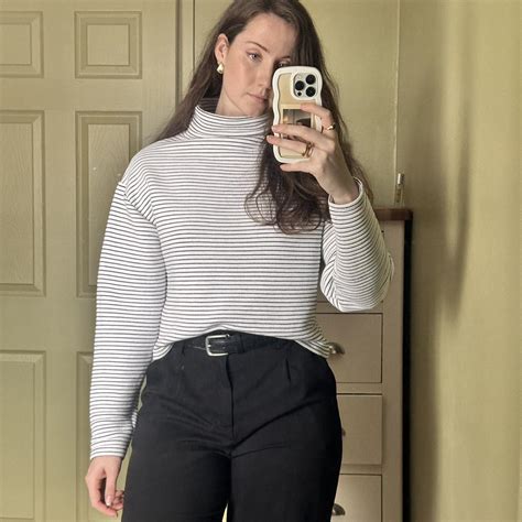 White And Grey Striped Turtleneck Sweater Depop