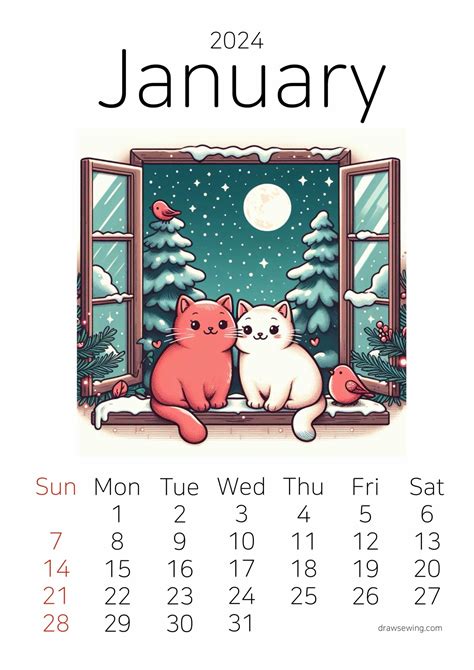 2024 Calander Coloring Page January 2024년 1월 달력 색칠 도안 드로우 쏘잉