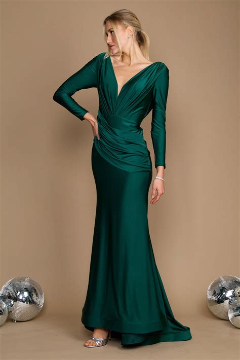 Mirabella Long Sleeve Fitted Evening Dress Emerald Green Stylemissus