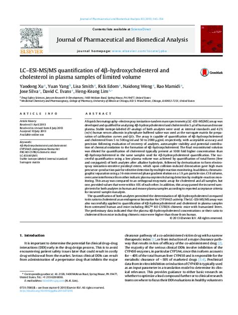 Pdf Lcesi Msms Quantification Of 4β Hydroxycholesterol And Cholesterol In Plasma Samples Of