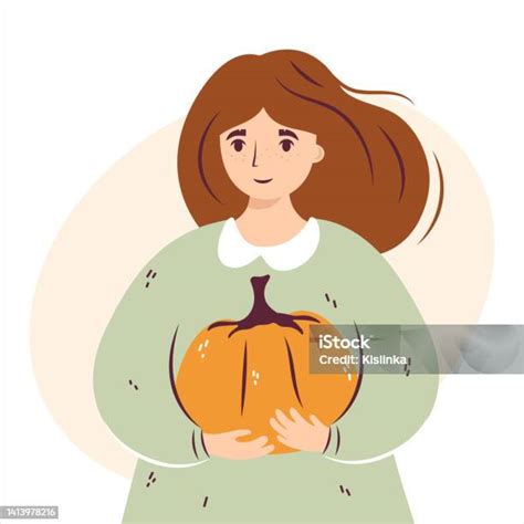 호박을 곁들인 가을 귀여운 아가씨 호박을 들고있는 여자 행복한 추수 감사절 또는 할로윈을위한 아늑한 가을 벡터 일러스트레이션 농업 야채와 수확 농장 캐릭터 소녀 격리 10