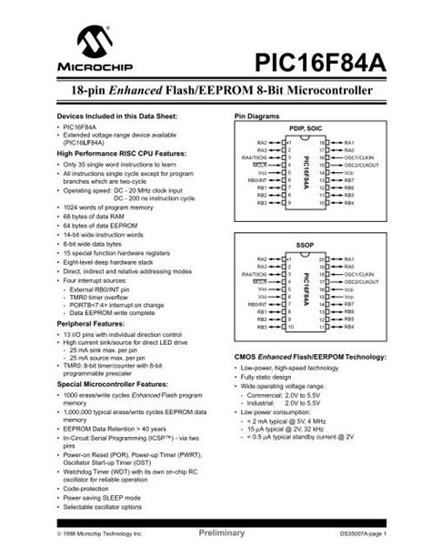 Pic16f84a 18 Pin Enhanced Flasheeprom 8 Bit Mcu Data Sheet
