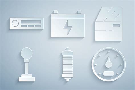 충격 흡수장치 자동차 도어 기어 시프터 속도계 배터리 및 오디오 아이콘을 설정합니다 벡터 3차원 형태에 대한 스톡 벡터 아트 및 기타 이미지 Istock