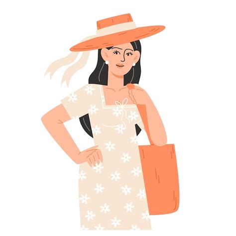 Молодая женщина в ромашке в летней одежде и соломенной шляпе Премиум вектор