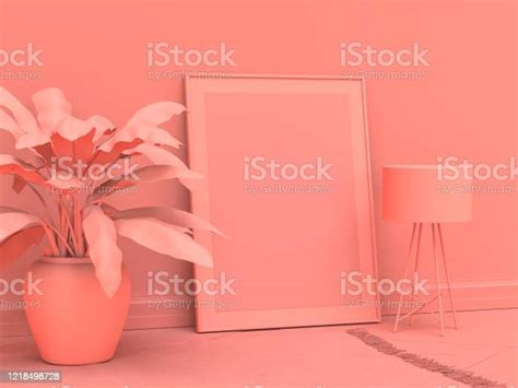 플로어 램프와 식물이있는 단색 분홍색 방의 바닥에 단색 수직 포스터 프레임 3d 렌더링 0명에 대한 스톡 사진 및 기타 이미지 0명 가구 거실 스탠드 Istock