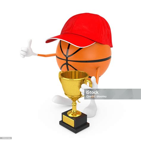 황금 트로피와 귀여운 만화 장난감 농구 공 스포츠 마스코트 사람 캐릭터 3d 렌더링 경쟁에 대한 스톡 사진 및 기타 이미지