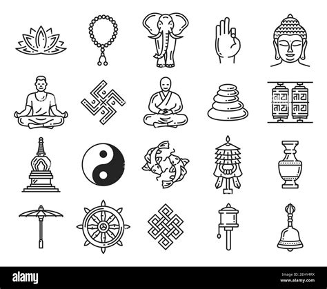 Buddhism Religious Symbols And Icons Vector Linear Elements Lotus And