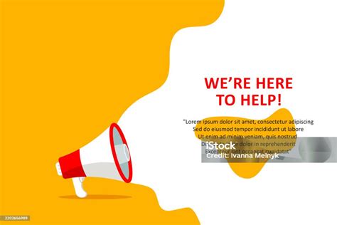 우리는 도움을 드리기 위해 여기 있습니다 확성기로 배너 말풍선 배너를 도와드리기 위해 여기 있습니다 소매 쇼핑 온라인 마케팅 템플릿 배너 포스터 및 배경에 대 한 벡터 그림