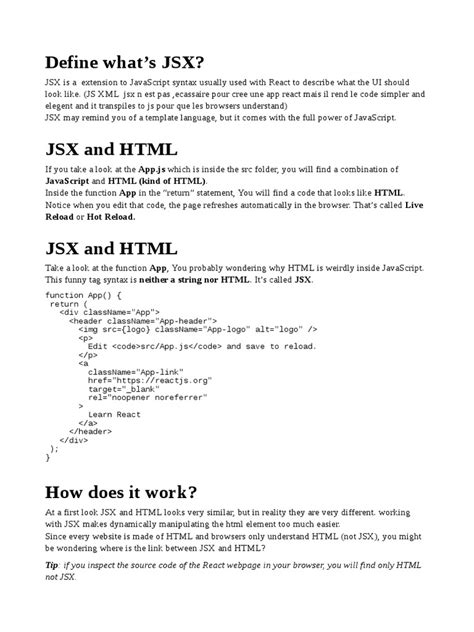 Define Whats Jsx Javascript And Html Kind Of Html Pdf Html Html Element