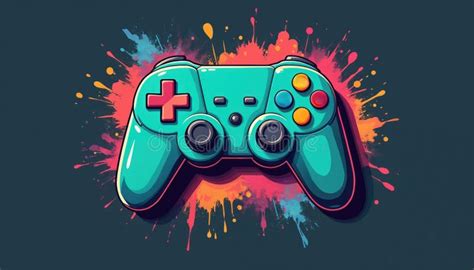 Teal Video Game Controller With Colorful Buttons Digital Joystick With A Vibrant Splash Art