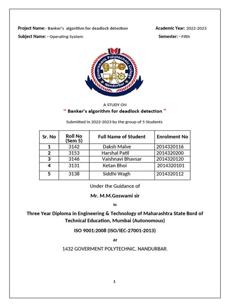 Bankers Algorithm For Deadlock Detection Sr No Roll No Sem 5 Full