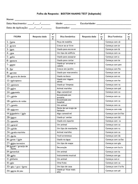 Folha De Resposta Boston Naming Test 60figuras Pdf