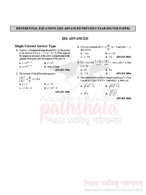 Differential Equations Jee Advanced Questions Pdf With Solutions Pdf