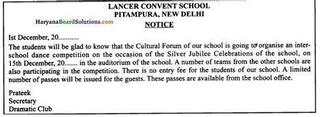Hbse 12th Class English Notice Writing Haryana Board Solutions