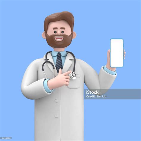 남자 의사 아이버슨이 스마트폰을 들고 빈 화면을 보여주는 3d 그림 만화 캐릭터의 초상화가 빈 디스플레이 폰을 손가락으로 가리키고 있다 3차원 형태에 대한 스톡 사진 및
