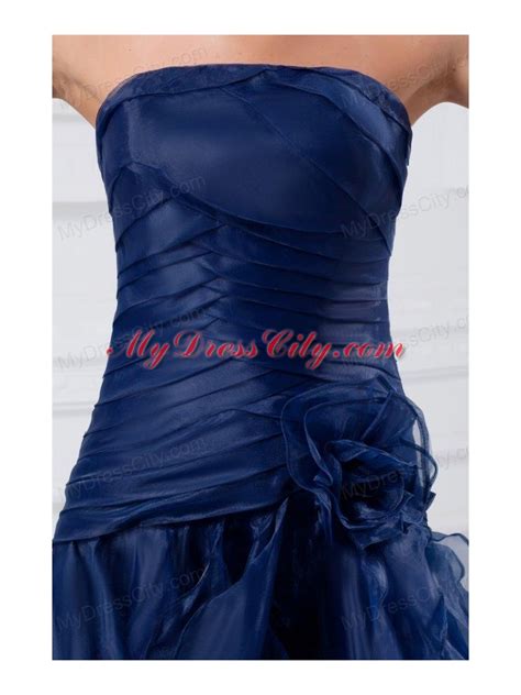Navy Blue Strapless A Line Ruffles High Low Organza Prom Dress