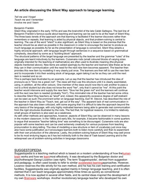 An Article Discussing The Silent Way Approach To Language Learning Pdf English As A Second