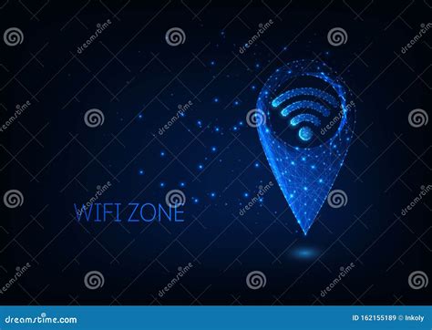 Futuristic Glowing Low Polygonal Gps And Wifi Symbols Isolated On Dark Blue Background Stock