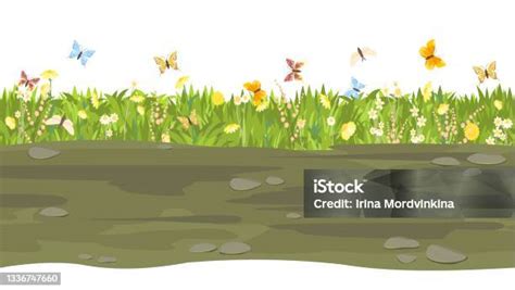 원활한 흙 길 수평 테두리 구성 여름 초원 풍경 육즙이 많은 잔디 시골 소박한 풍경 만화 디자인 플랫 스타일 아트 일러스트 벡터 0명에 대한 스톡 벡터 아트 및 기타 이미지