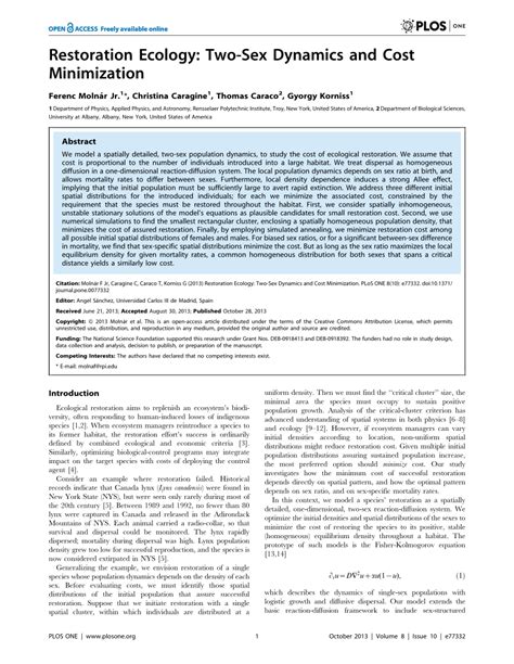 Pdf Restoration Ecology Two Sex Dynamics And Cost Minimization