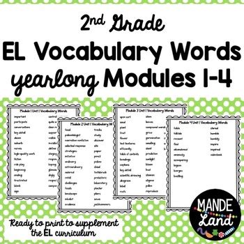 2nd Grade EL Vocabulary Word Lists Module 1 4 By Mande Land TPT