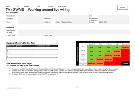 Working Around Live Wiring Task Analysis JSA SWMS NailedIt Safety Docs