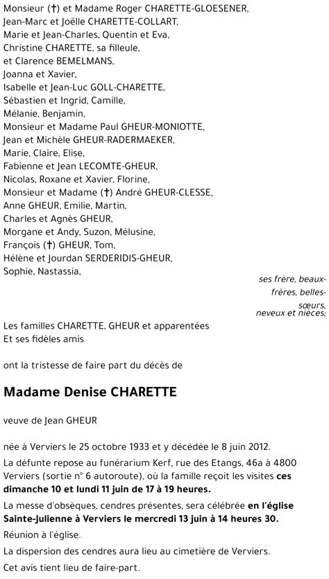 Avis De Décès De Denise Charette Décédé Le 08062012 à Verviers