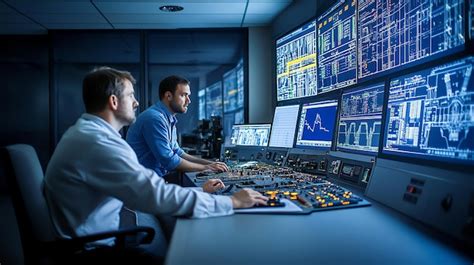 Two Men Work In A Control Room Monitoring Data On Computer Screens