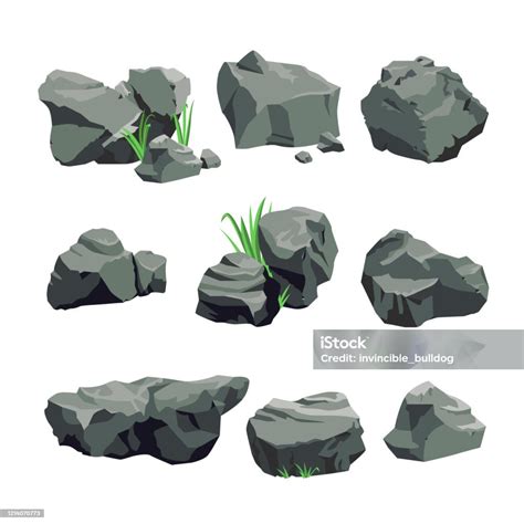 흰색 배경에 격리 된 회색 돌 세트입니다 녹색 잔디와 단일 및 쌓아 바위 컴퓨터 게임 자연 조약돌 개체에 대한 그래픽 디자인 요소 만화 벡터 일러스트 아이콘 클립 아트 0