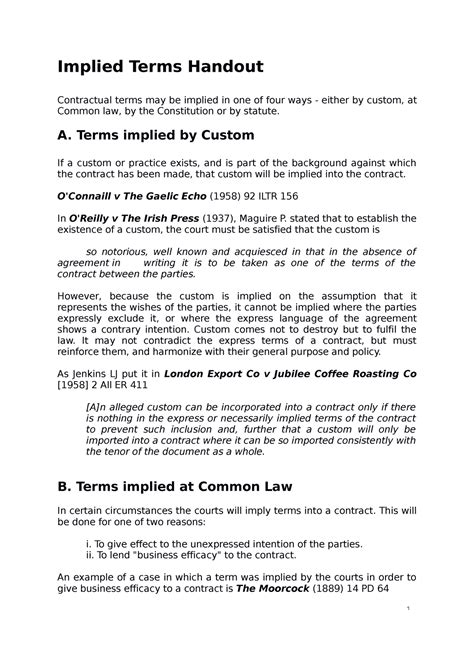 Implied Terms Handout 23 Implied Terms Handout Contractual Terms May Be Implied In One Of Four