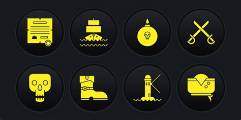 세트 해골 교차 해적 검 가죽 부츠 등대 폭발 준비 폭탄 배 해적 모자 및 법령 양피지 스크롤 아이콘 벡터 가죽에 대한 스톡 벡터 아트 및 기타 이미지 Istock