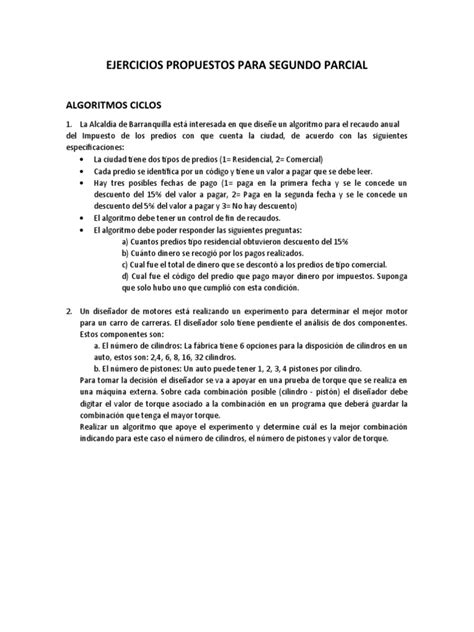 Ejercicios Propuestos Para Segundo Parcial Pdf Algoritmos Informática Teórica