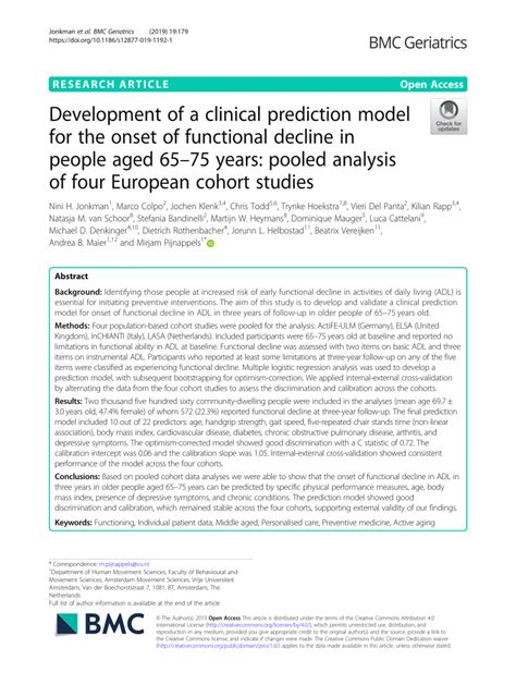 Pdf Development Of A Clinical Prediction Model For The Onset Of Functional Decline In People