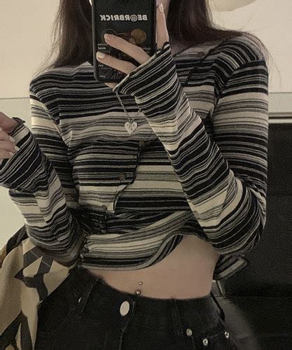 에이비글 언발 레이어드 빈티지 스트라이프 물결 크롭 티셔츠 사선 긴팔 크롭티