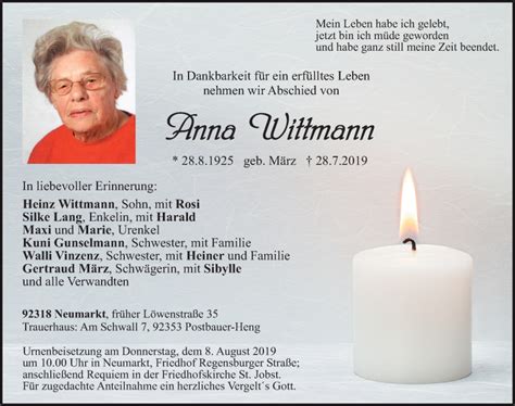 Traueranzeigen Von Anna Wittmann Trauer Nn De