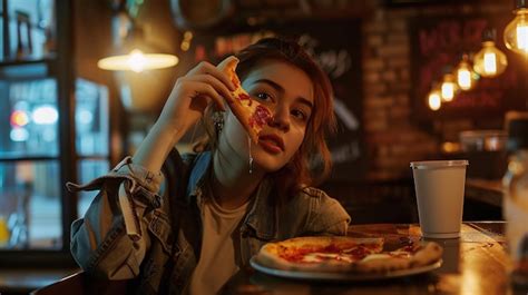 Pizza Time In A Cafe A Candid Shot Of A Girl Satisfying Her Hunger With