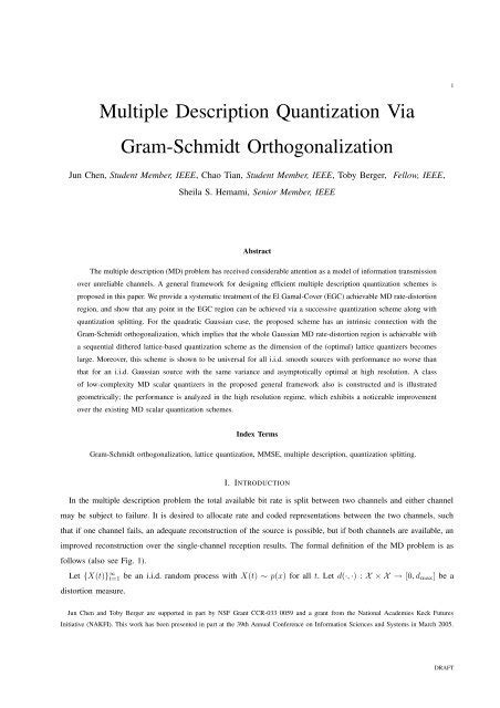 Multiple Description Quantization Via Gram Schmidt Orthogonalization