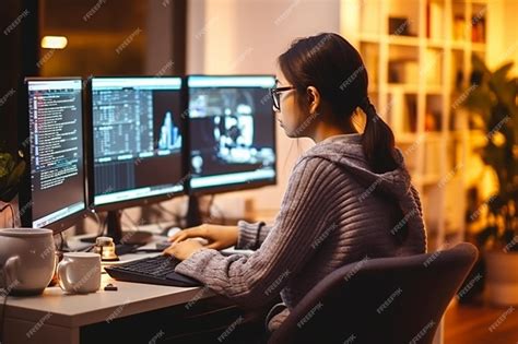 Young Asian Woman Software Developers Using Computer To Write Code Sitting At Desk With Multiple