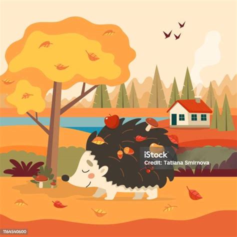 나무와 집가 가을 배경 귀여운 고슴도치 사과 버섯 잎고슴도치 플랫 스타일의 계절 벡터 일러스트레이션 귀여운에 대한 스톡 벡터 아트 및 기타 이미지 Istock