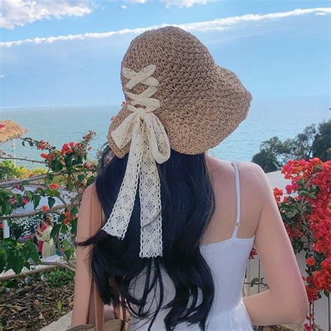 백 리본 레이스 밀짚 벙거지 챙넓은 버킷햇 여행 모자